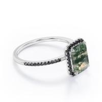 China Halo-style Emerald Cut Moss Green  Agate With  Lab Created Engagement Ring With Pave Accents for sale
