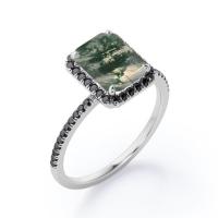 China Halo-style Emerald Cut Moss Green  Agate With  Lab Created Engagement Ring With Pave Accents for sale