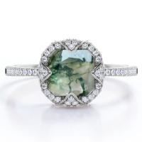 China Halo Bezel Cluster  Asscher Cut Opaque Milky  Moss Green  Agate And Moissanite Pave Engagement Ring for sale
