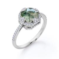 China Halo Bezel Cluster  Asscher Cut Opaque Milky  Moss Green  Agate And Moissanite Pave Engagement Ring for sale