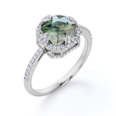 China Halo Bezel Cluster  Asscher Cut Opaque Milky  Moss Green  Agate And Moissanite Pave Engagement Ring for sale