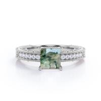 China Princess Cut Natural  Druzy Moss Green Agate And Moissanite Milgrain Border Victorian  Pave Engagement Ring for sale