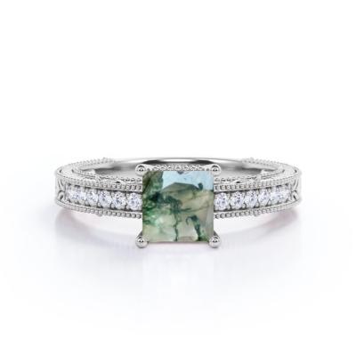China Princess Cut Natural  Druzy Moss Green Agate And Moissanite Milgrain Border Victorian  Pave Engagement Ring for sale