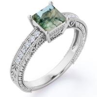 China Princess Cut Natural  Druzy Moss Green Agate And Moissanite Milgrain Border Victorian  Pave Engagement Ring for sale