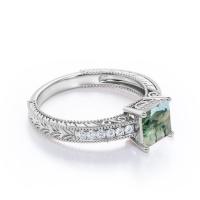 China Princess Cut Natural  Druzy Moss Green Agate And Moissanite Milgrain Border Victorian  Pave Engagement Ring for sale