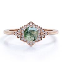China Vintage Design 4 Prong Round Shape Milky White Druzy Moss Green Agate And Moissanite Floral Cluster Engagement Ring for sale