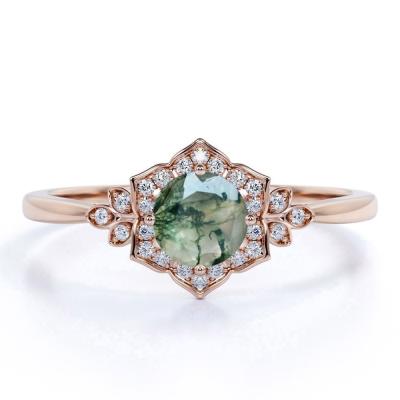 China Vintage Design 4 Prong Round Shape Milky White Druzy Moss Green Agate And Moissanite Floral Cluster Engagement Ring for sale