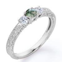 China Round Brilliant Cut Natural Transparent Moss Green Agate and Moissanite - Carved Filigree Milgrain Engagement Ring for sale