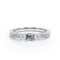 China Round Brilliant Cut Natural Transparent Moss Green Agate and Moissanite - Carved Filigree Milgrain Engagement Ring for sale