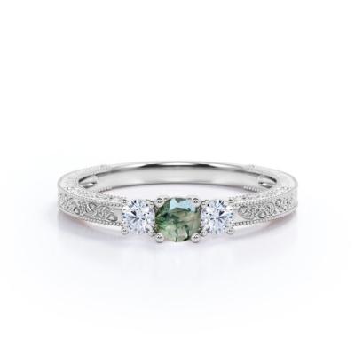 China Round Brilliant Cut Natural Transparent Moss Green Agate and Moissanite - Carved Filigree Milgrain Engagement Ring for sale
