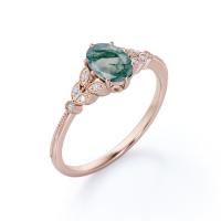 China Marquise-shape Filigree Milgrain Ovate Natural Druzy Moss Green Agate And Moissanite Cluster 6 Prong Engagement Ring for sale
