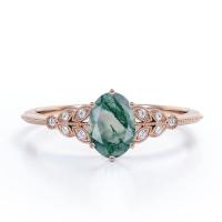 China Marquise-shape Filigree Milgrain Ovate Natural Druzy Moss Green Agate And Moissanite Cluster 6 Prong Engagement Ring for sale