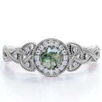 China Art Deco Twisted Shank 0.58 Carat Round Cut Natural Transparent Moss Green Agate and Moissanite Milgrain Halo Engagement for sale
