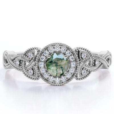 China Art Deco Twisted Shank 0.58 Carat Round Cut Natural Transparent Moss Green Agate and Moissanite Milgrain Halo Engagement for sale