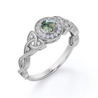 China Art Deco Twisted Shank 0.58 Carat Round Cut Natural Transparent Moss Green Agate and Moissanite Milgrain Halo Engagement for sale