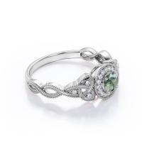 China Art Deco Twisted Shank 0.58 Carat Round Cut Natural Transparent Moss Green Agate and Moissanite Milgrain Halo Engagement for sale