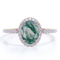 China Ovate Natural Milky White Dendritic Moss Green Agate And Moissanite Pave Halo Engagement Ring for sale