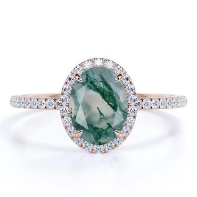 China Ovate Natural Milky White Dendritic Moss Green Agate And Moissanite Pave Halo Engagement Ring for sale