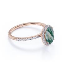 China Ovate Natural Milky White Dendritic Moss Green Agate And Moissanite Pave Halo Engagement Ring for sale