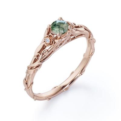 China Past Present Future Floral Bezel 0.55 Carat Round Cut Natural Transparent Moss Green Agate and Moissanite Vine Engagemen for sale
