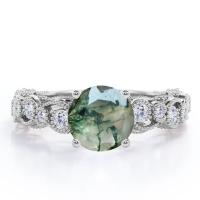 China Milgrain Filigree Flush Round Genuine Druzy Moss Green Agate And Moissanite 4 Prong Antique Style Engagement Ring for sale