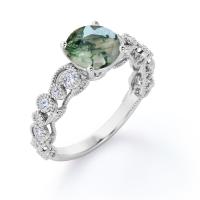 China Milgrain Filigree Flush Round Genuine Druzy Moss Green Agate And Moissanite 4 Prong Antique Style Engagement Ring for sale