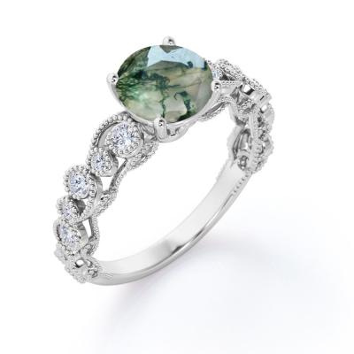 China Milgrain Filigree Flush Round Genuine Druzy Moss Green Agate And Moissanite 4 Prong Antique Style Engagement Ring for sale