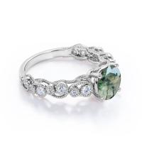 China Milgrain Filigree Flush Round Genuine Druzy Moss Green Agate And Moissanite 4 Prong Antique Style Engagement Ring for sale