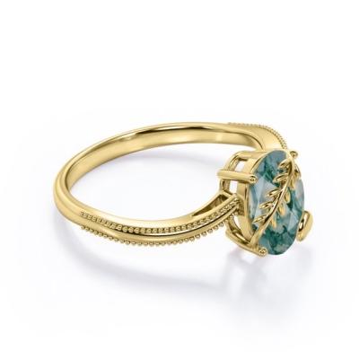 China Leaf and Heart Prong 1 Carat Oval Cut Milky Dendritic Moss Green Agate Milgrain Edge Solitaire Engagement Ring in 18K Y for sale