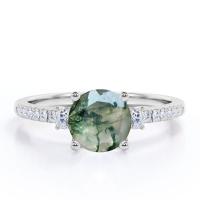 China Round Shape Natural Transparent Dendritic Moss Green Agate And Moissanite 3-Stone Engagement Ring for sale