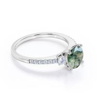China Round Shape Natural Transparent Dendritic Moss Green Agate And Moissanite 3-Stone Engagement Ring for sale