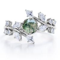 China Branch Leaf Design 6 Prong Round Shaped Opaque Moss Green Agate And Moissanitet Ring for sale