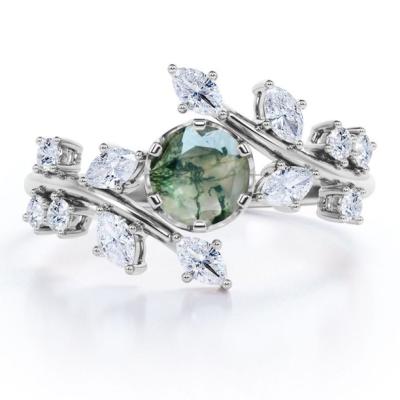 China Branch Leaf Design 6 Prong Round Shaped Opaque Moss Green Agate And Moissanitet Ring for sale