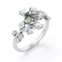 China Branch Leaf Design 6 Prong Round Shaped Opaque Moss Green Agate And Moissanitet Ring for sale