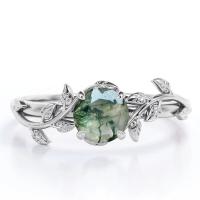 China Round Cut Opaque White Druzy Mossy Green Agate Branch Leaf Design One-Stone Engagement Ring for sale