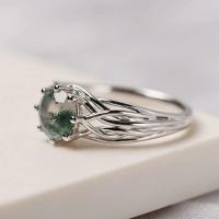China 925 Sterling Silver Round Cut 7 MM Moss Agate Ring Personalized Promise Ring Abstract Ring for Women for sale