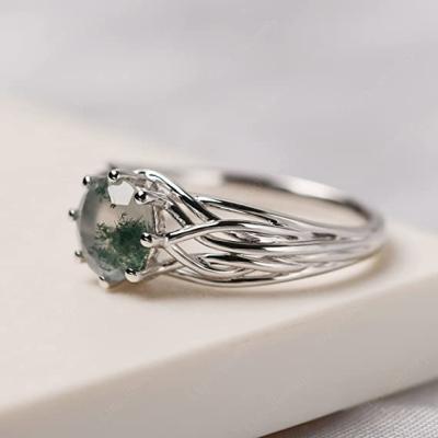 China 925 Sterling Silver Round Cut 7 MM Moss Agate Ring Personalized Promise Ring Abstract Ring for Women for sale
