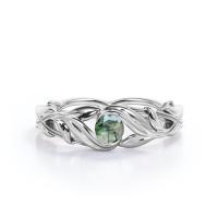 China Round Cut Moss Green Agate Leafy Single Stone Engagement Ring in White Gold for sale