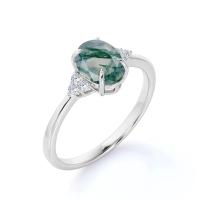 China Large Hexagon Moss Agate Statement  Wedding Cluster Ring Set for sale