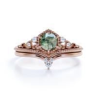 China Filigree Chevron Tiara 0.6 carat Round Cut Moss Green Agate and CZ Wedding Ring Set in Rose Gold for sale
