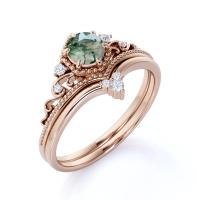 China Large Hexagon Moss Agate Statement  Wedding Cluster Ring Set for sale