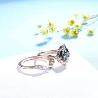 China Large Hexagon Moss Agate Statement  Wedding Cluster Ring Set for sale