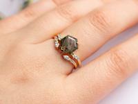 China Large Hexagon Moss Agate Statement  Wedding Cluster Ring Set for sale