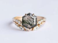 China Large Hexagon Moss Agate Statement  Wedding Cluster Ring Set for sale