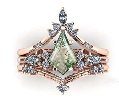 China Gem's Beauty Christmas Gifts for Her 0.63CT Square Shape Natural Moss Agate There Stone Engagement Ring in 925 Sterling for sale