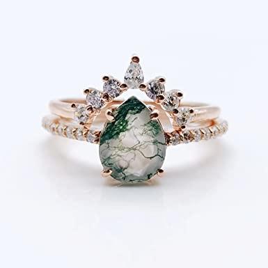 China Natural Moss Agate Ring Set For Women Pear Shaped Gold Ring  For Women for sale