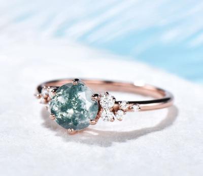 China Vintage Green Gemstone Snowdrift Cluster Wedding Ring Natural Moss Agate for sale