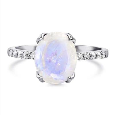 China Elegant Plated Oval Cut Claw Setting Moonstone With CZ Rings Engagement Women Anniversary Ring for sale