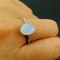 China Elegant Plated Oval Cut Claw Setting Moonstone With CZ Rings Engagement Women Anniversary Ring for sale