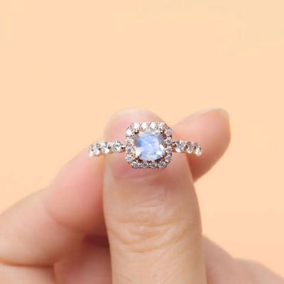China 925 Sterling Silver Square Moonstone Natural Stone Jewelry Cushion Cut Blue Moonstone Ring for sale
